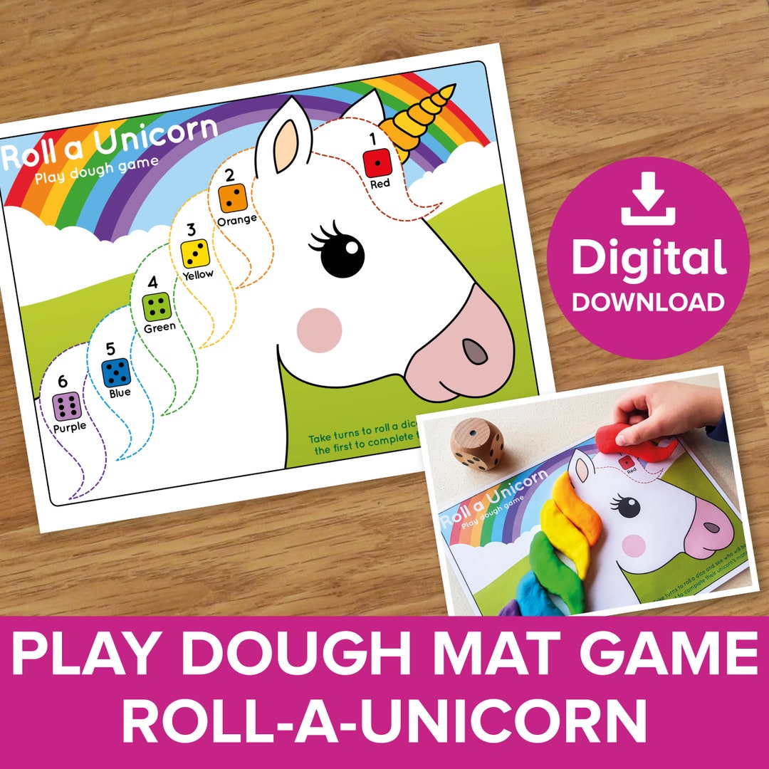 Roll a Unicorn Play Dough Mat Dice Game, Kids Rainbow Playdough ...