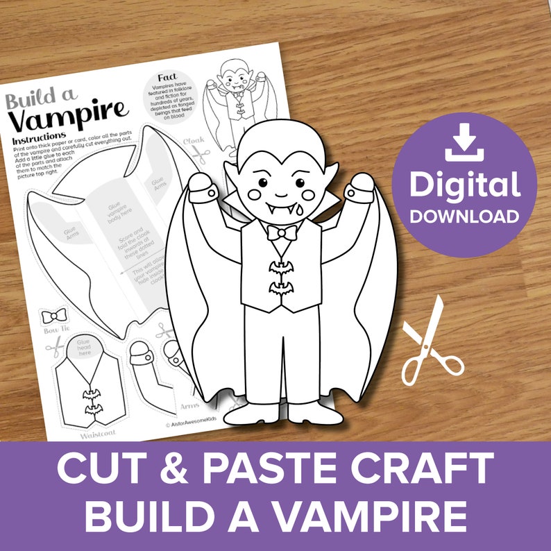 Build a Vampire Cut & Paste Craft, Halloween Paper Doll Model Coloring ...
