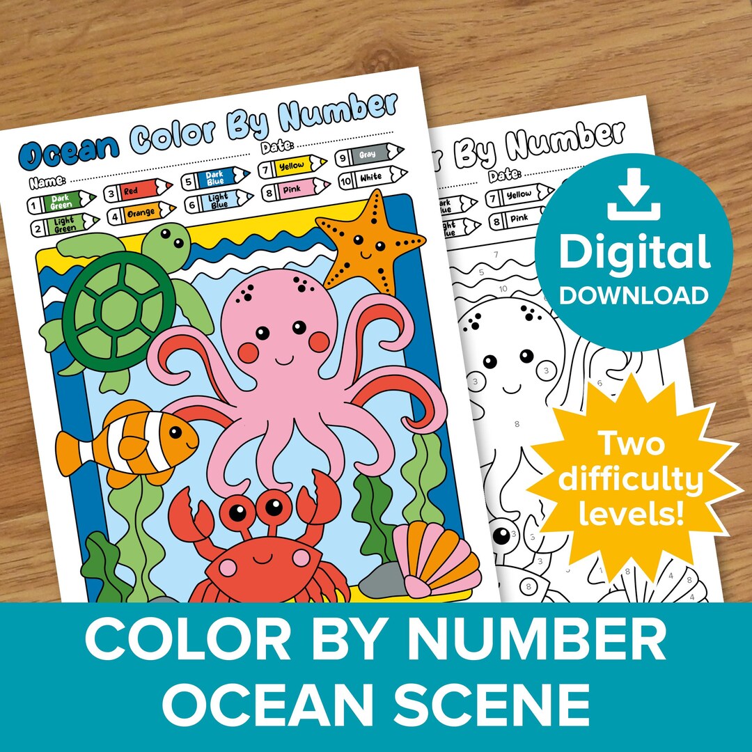 Ocean Color by Number Worksheet, Marine Life Picture Reveal, in the Sea ...