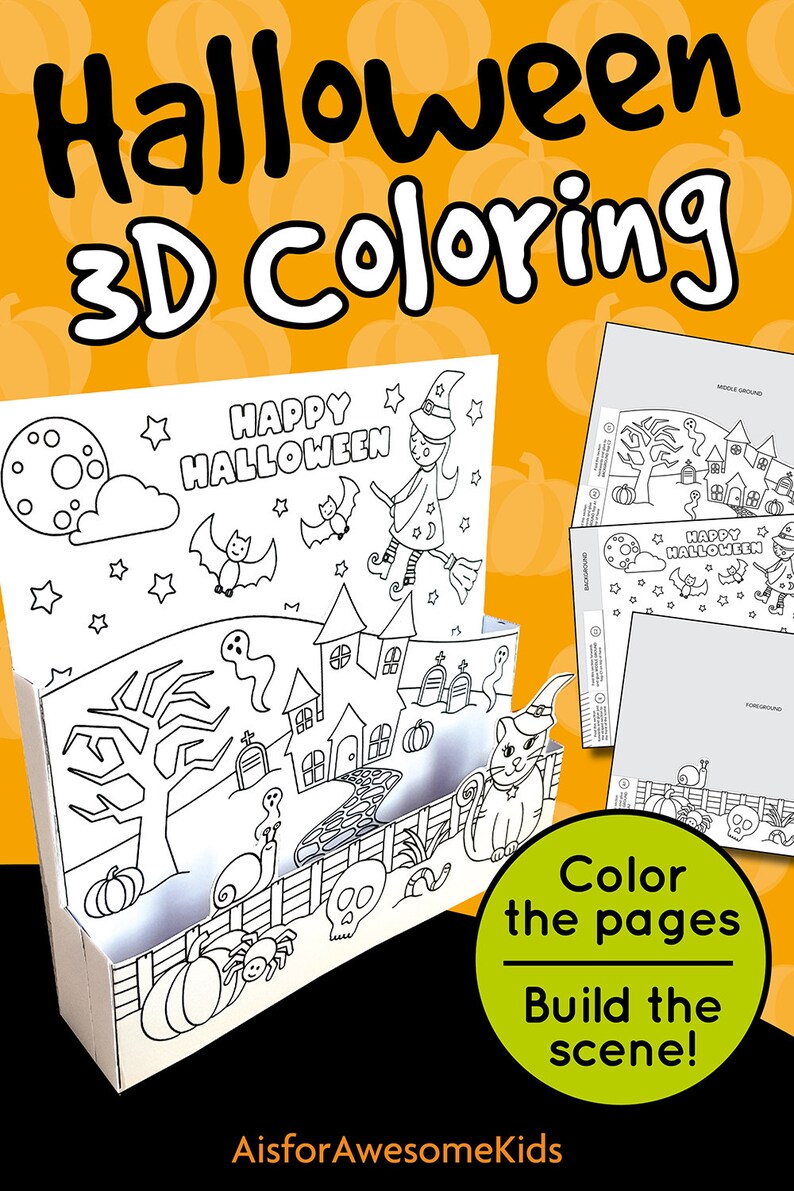 Halloween 3D Coloring Scene Craft, Kids Color and Build Freestanding ...
