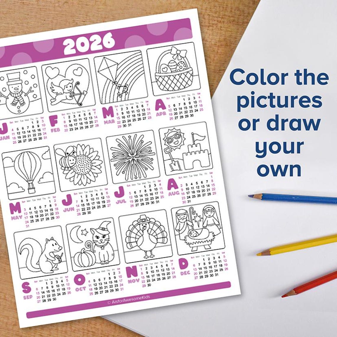 2026 Coloring Calendar, 1-page Photo Calendar, Kids Make Your Own Year ...