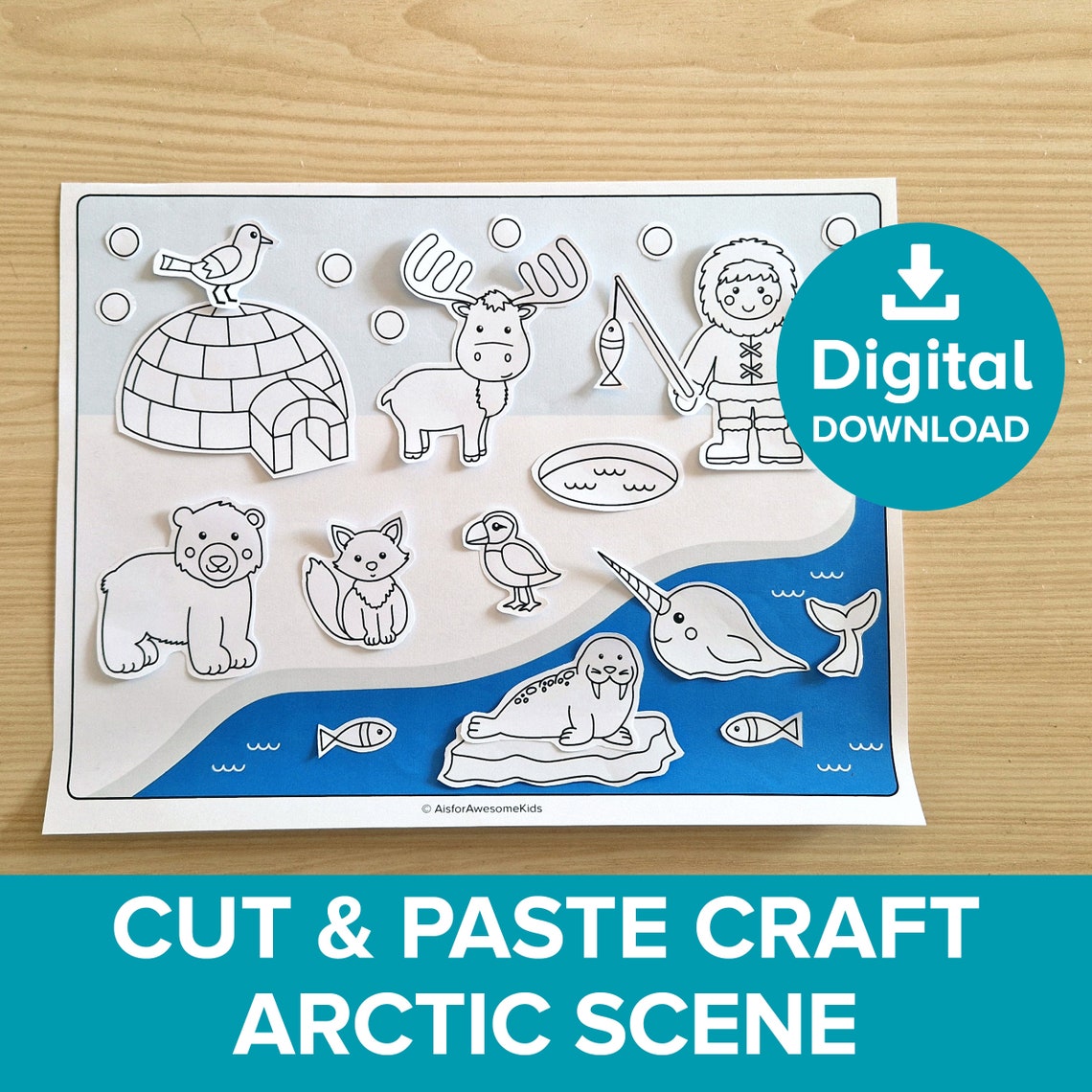 Arctic Animals Scene Cut & Paste Craft, North Pole Inuit Tribe Iceberg ...