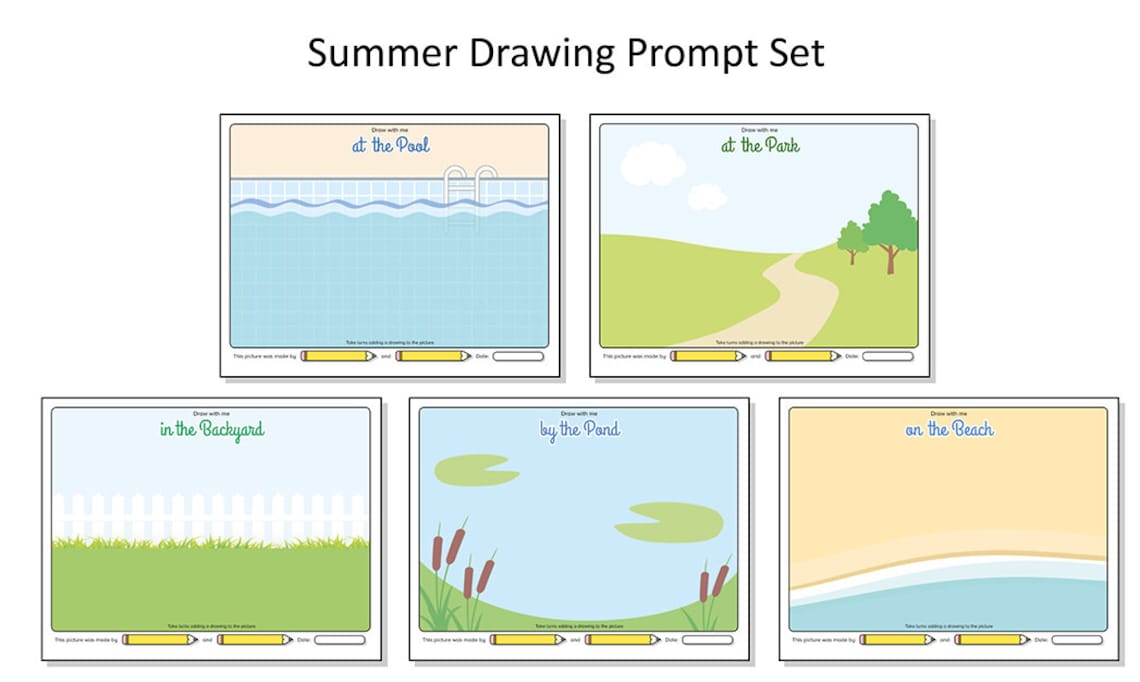Summer Drawing Prompt Scenes, Kids Doodle Worksheet, Children's Draw ...