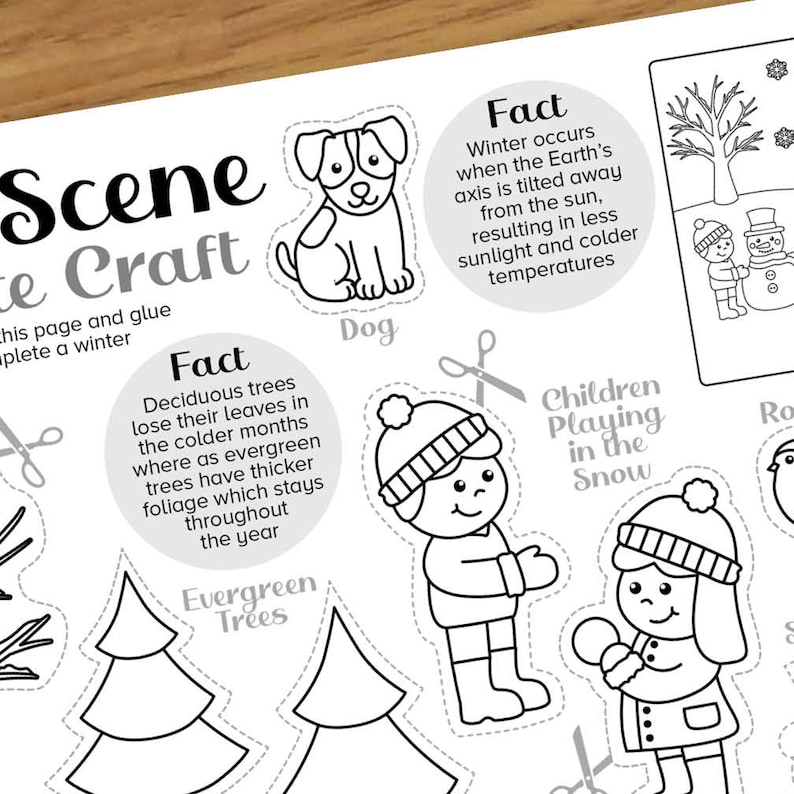 Winter Scene Cut & Paste Craft, Snowy Cabin Ice Skating Coloring Page ...