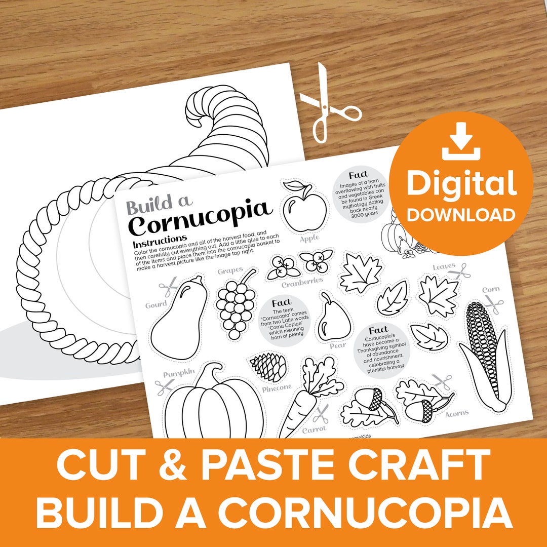 Build a Cornucopia Cut & Paste Craft, Thanksgiving Basket Model, Fall ...