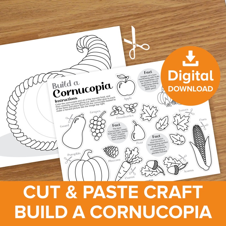 Build a Cornucopia Cut & Paste Craft, Thanksgiving Basket Model, Fall ...