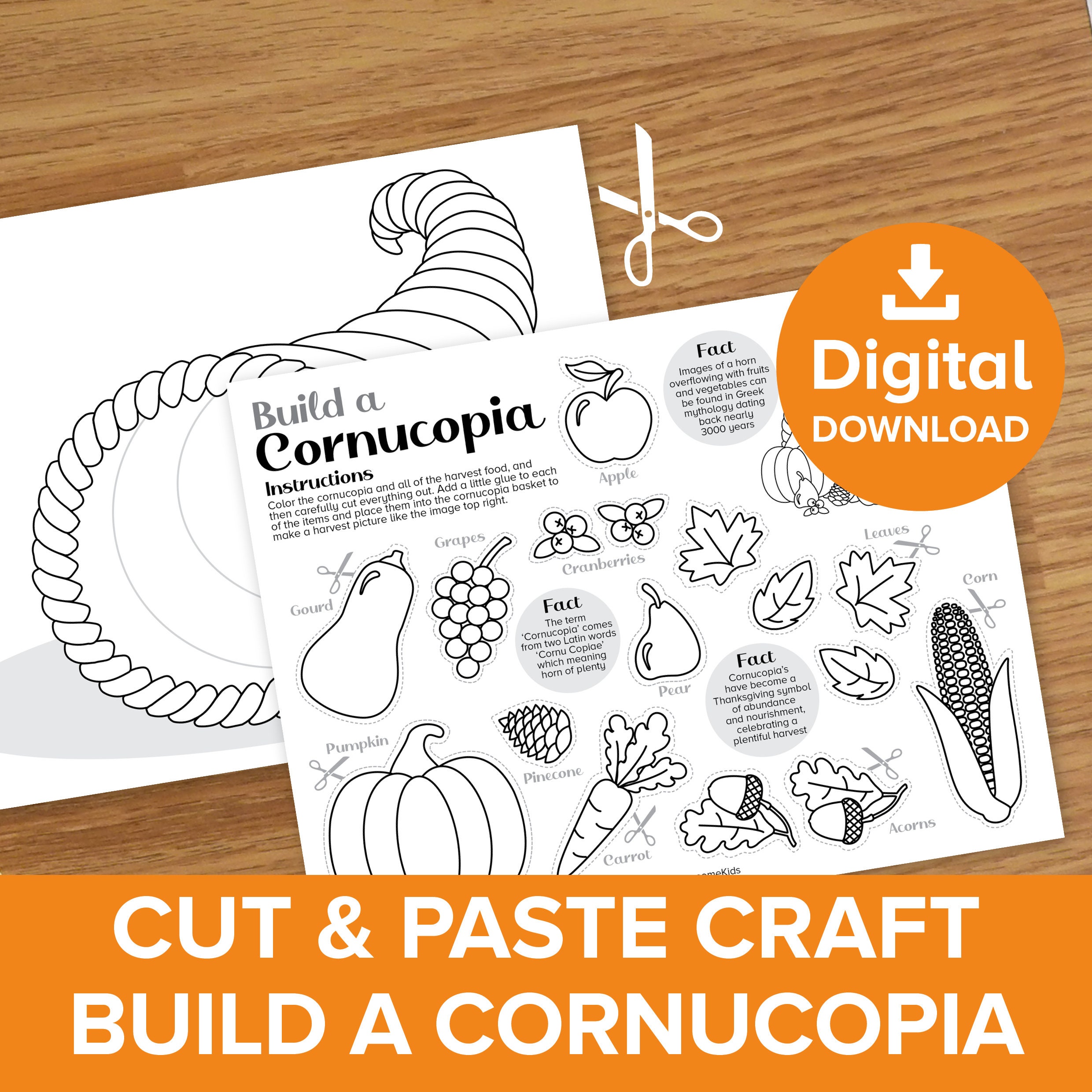 Build a Cornucopia Cut & Paste Craft, Thanksgiving Basket Model, Fall ...