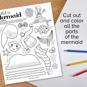 Mermaid Cut & Paste Craft Printable, Marine Girl Color Build Kit, Ocean ...