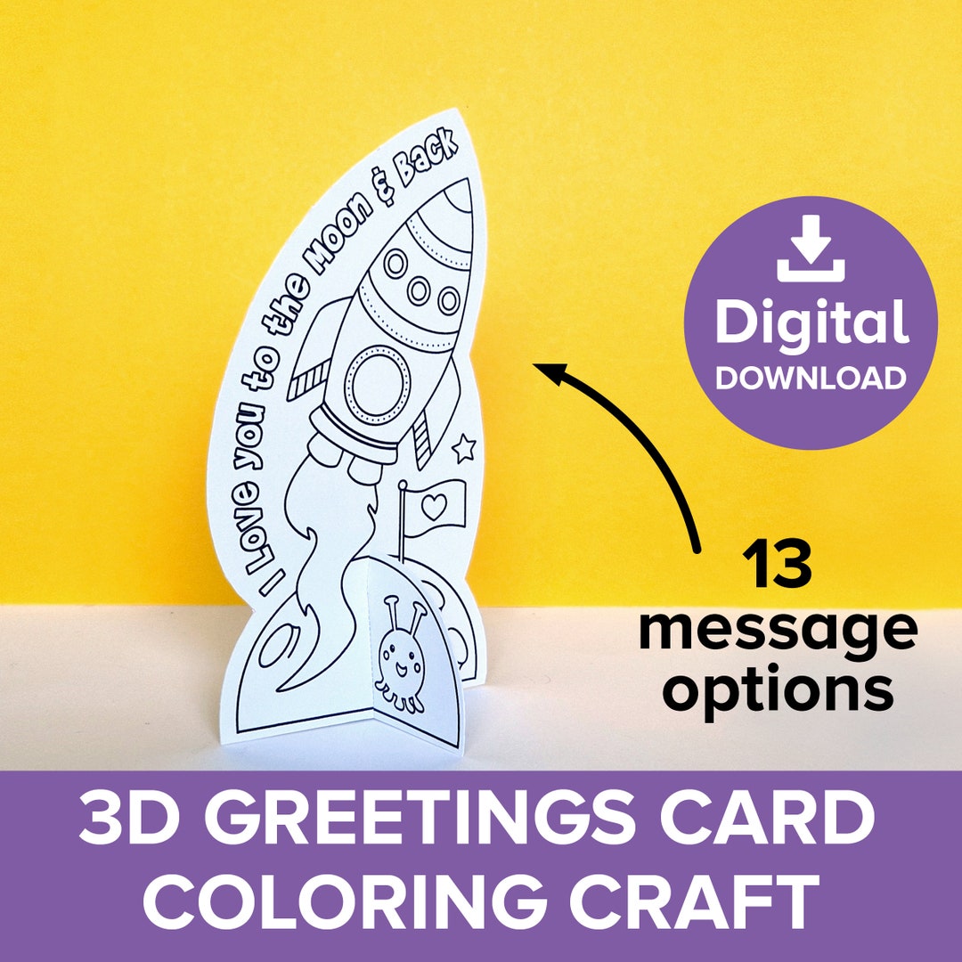 3D Rocket Card Craft, Kids Father's Day Space Coloring Gift, Cut-out ...