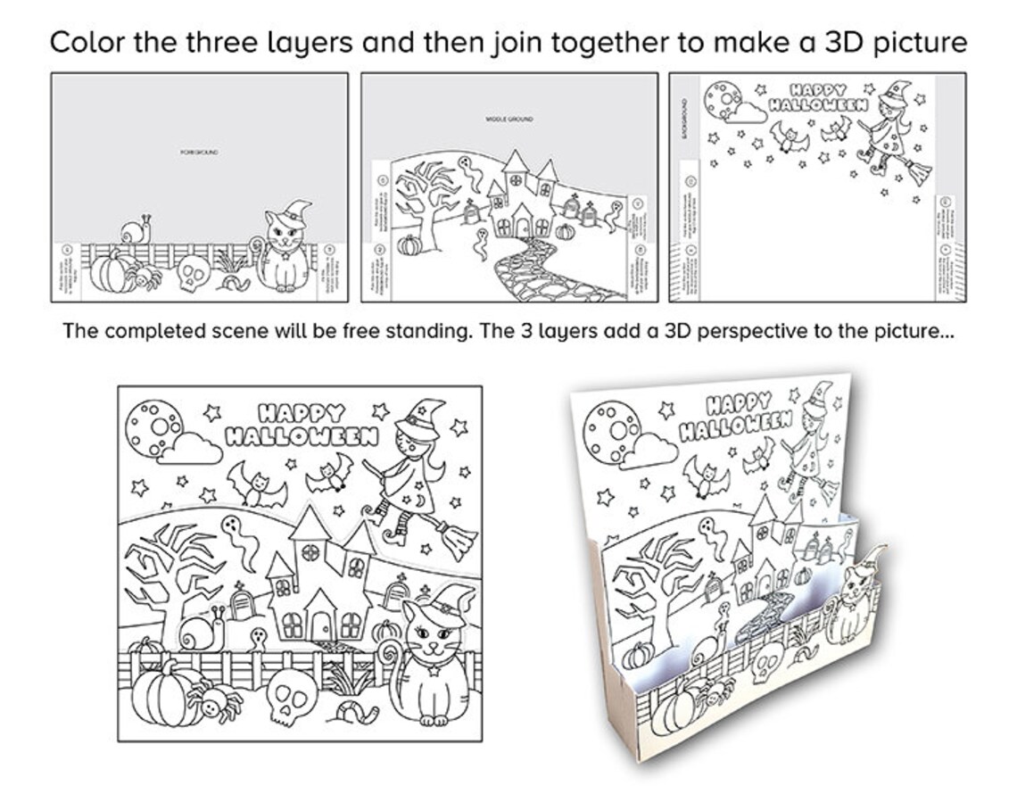 Halloween 3D Coloring Scene Craft, Kids Color and Build Freestanding ...
