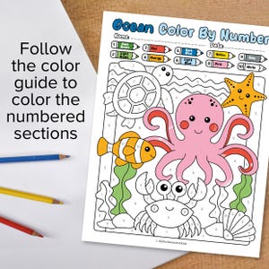 Ocean Color by Number Worksheet, Marine Life Picture Reveal, in the Sea ...