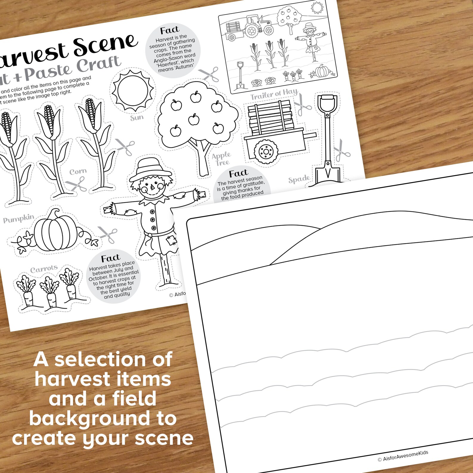 Harvest Scene Cut & Paste Craft, Farm Field Thanksgiving Coloring Page ...