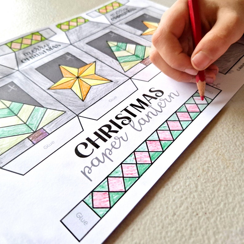 Christmas Paper Lantern Craft, Xmas Tealight Holder Cut & Color Project ...