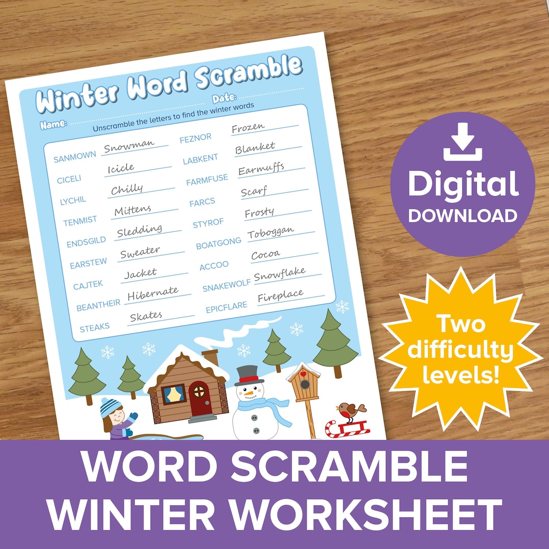 Winter Word Scramble Worksheet, Kids Christmas Anagram Challenge, Snowy ...