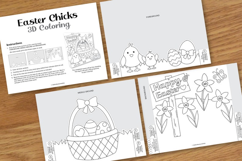 Easter Chicks 3D Coloring Scene, Spring Animals Layered Picture, Egg ...