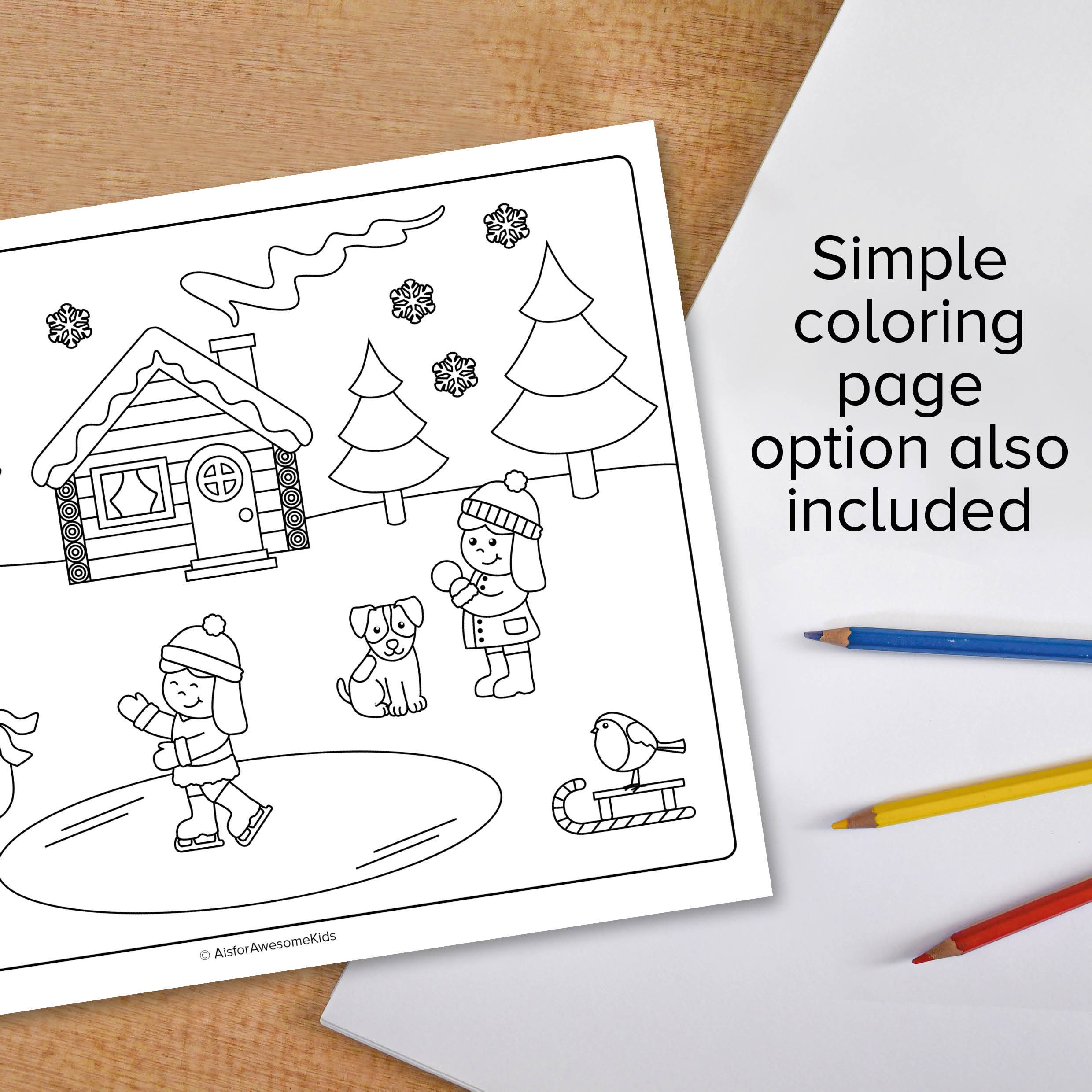 Winter Scene Cut & Paste Craft, Snowy Cabin Ice Skating Coloring Page ...