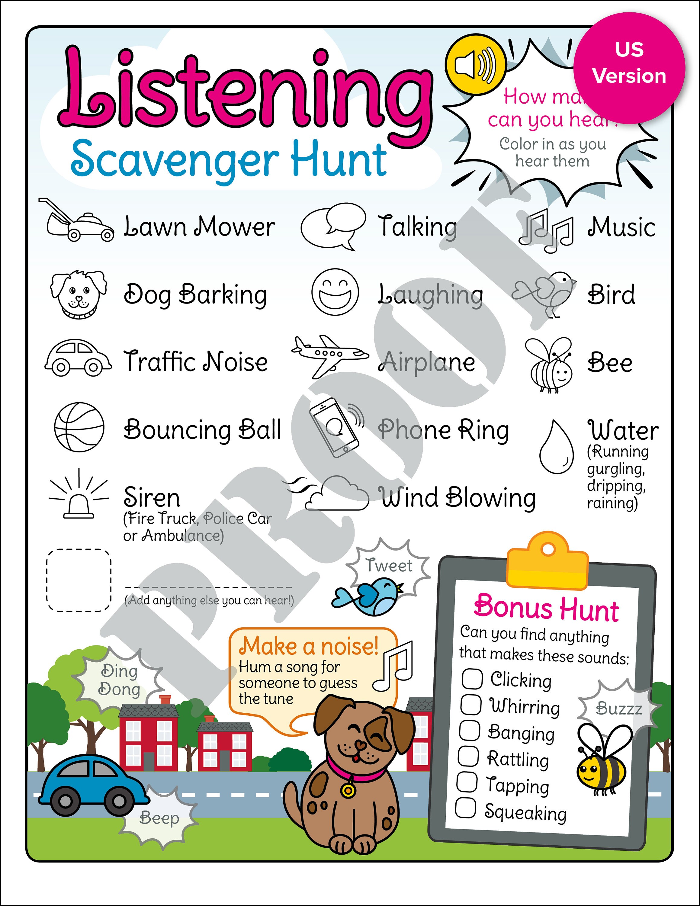 Listening Scavenger Treasure Hunt, Kids Sound Walk, Outdoor Coloring ...