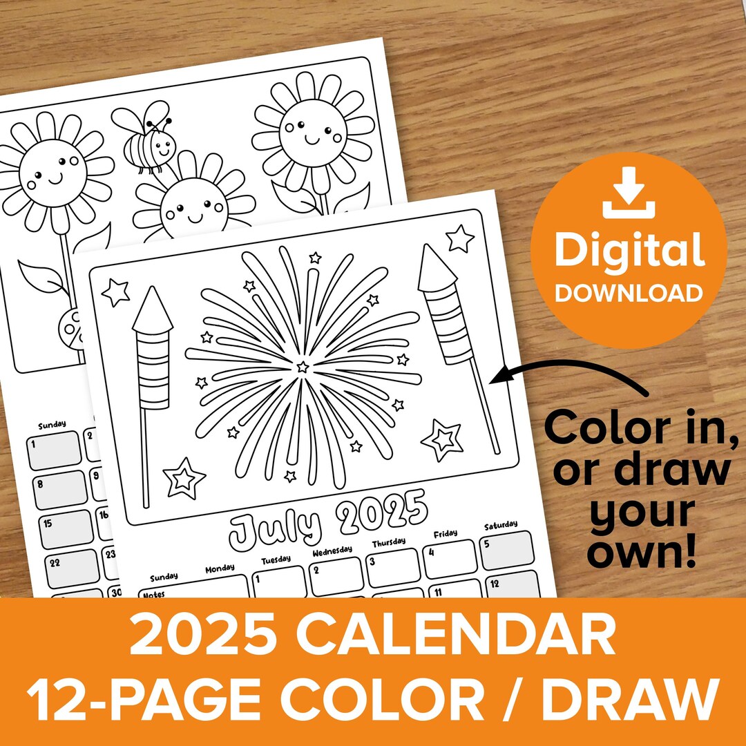 2025 Coloring Calendar Printable, July Month to View 12 Page Drawing ...