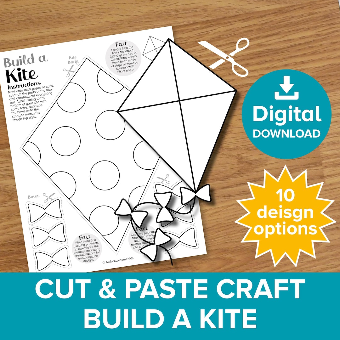 Build a Kite Cut & Paste Craft, Windcatcher Toy Coloring Activity, Kids ...