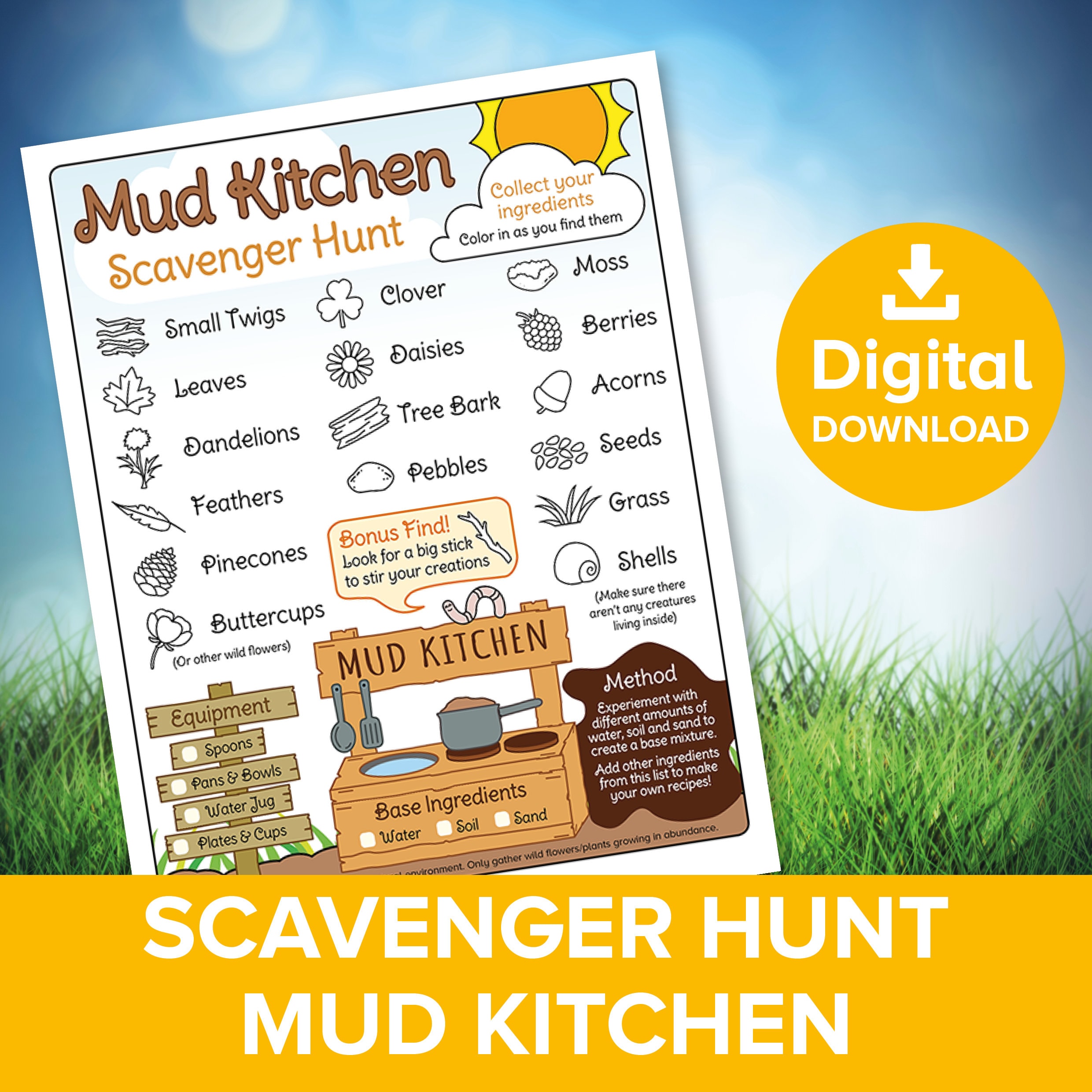 Mud Kitchen Scavenger Hunt List, Kids Outdoor Nature Cooking Treasure ...