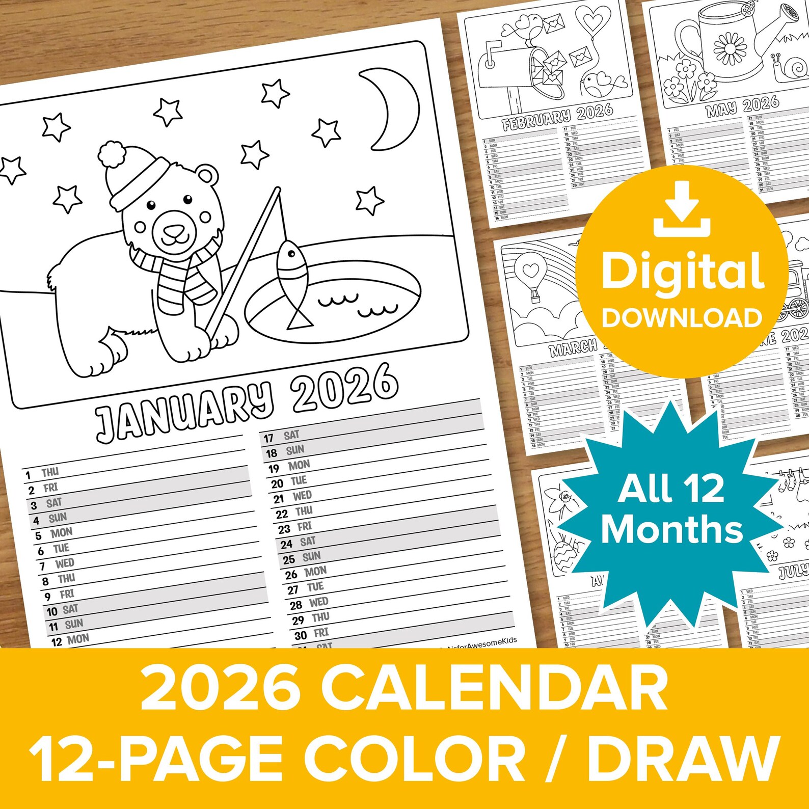2026 Coloring Calendar Printable, January Month to View 12 Page Lined ...