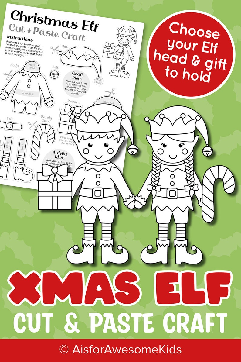 Christmas Elf Cut & Paste Craft, Pixie Xmas Card Color Build Kit, Santa ...