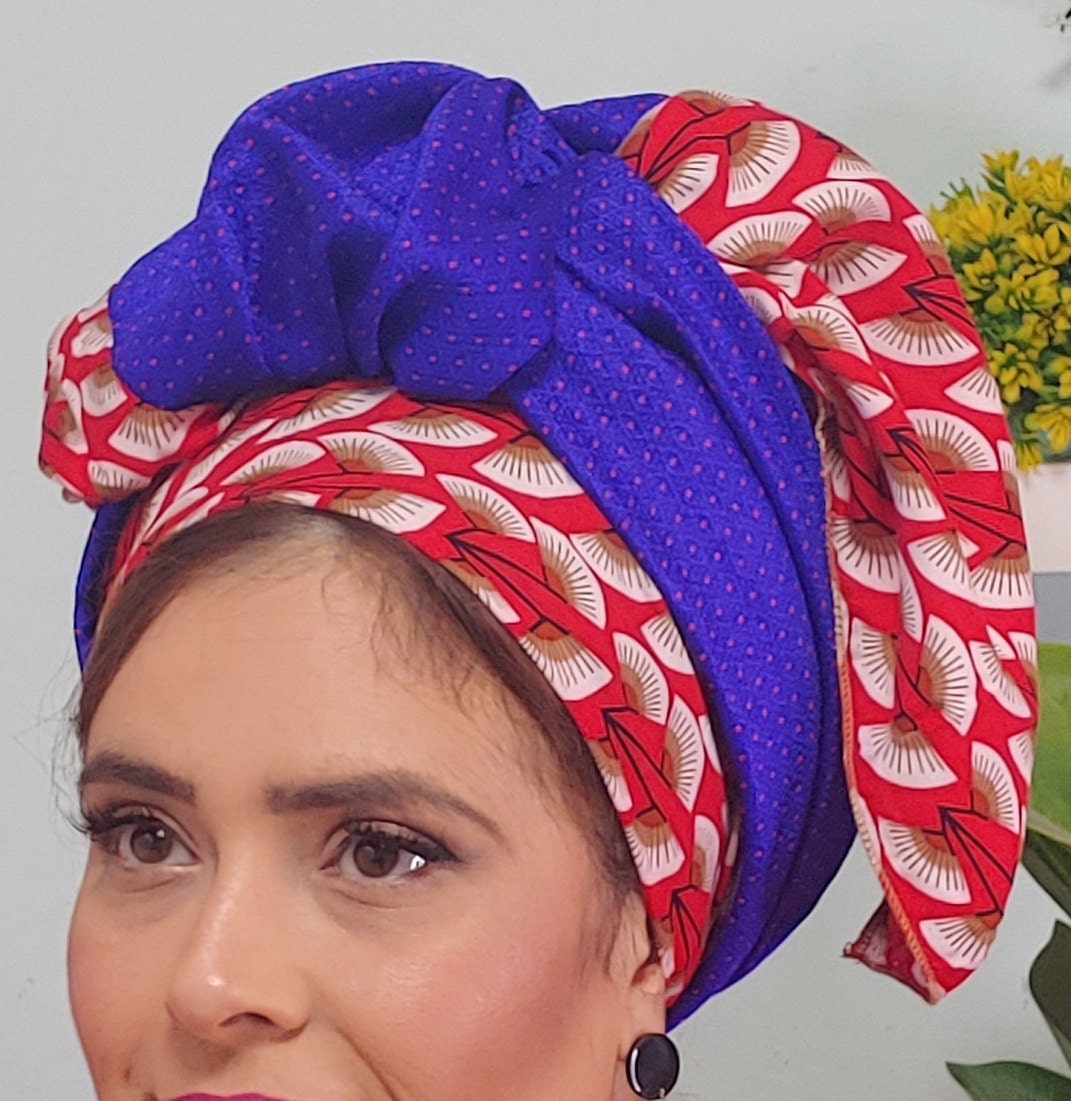 TICHEL HEAD BAND Blue Silk With Red Tichel Head Cover Scarf - Etsy