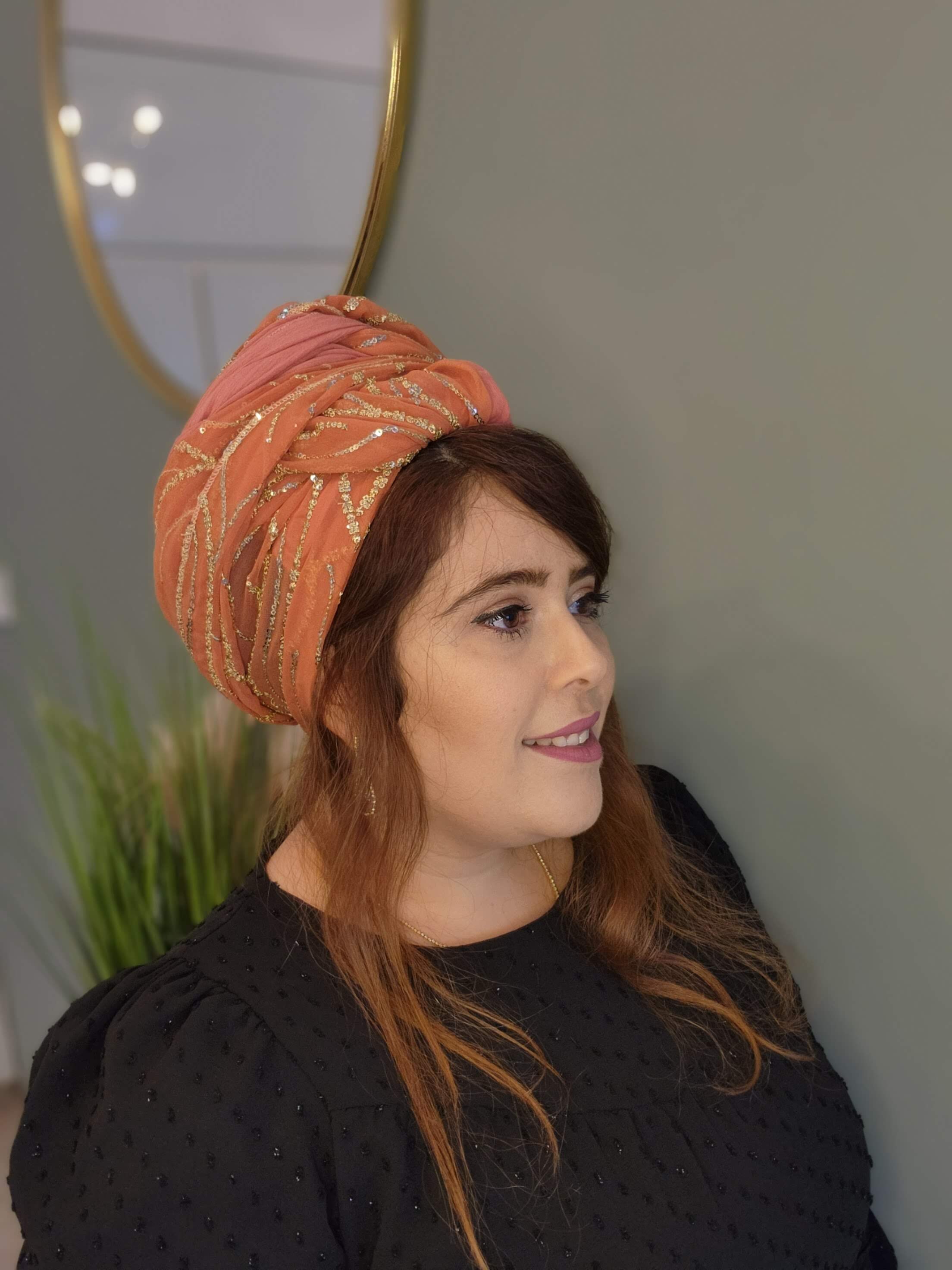 Headcover Tichel With Orange With Gold Sequins Hair Snood Head Scarf ...