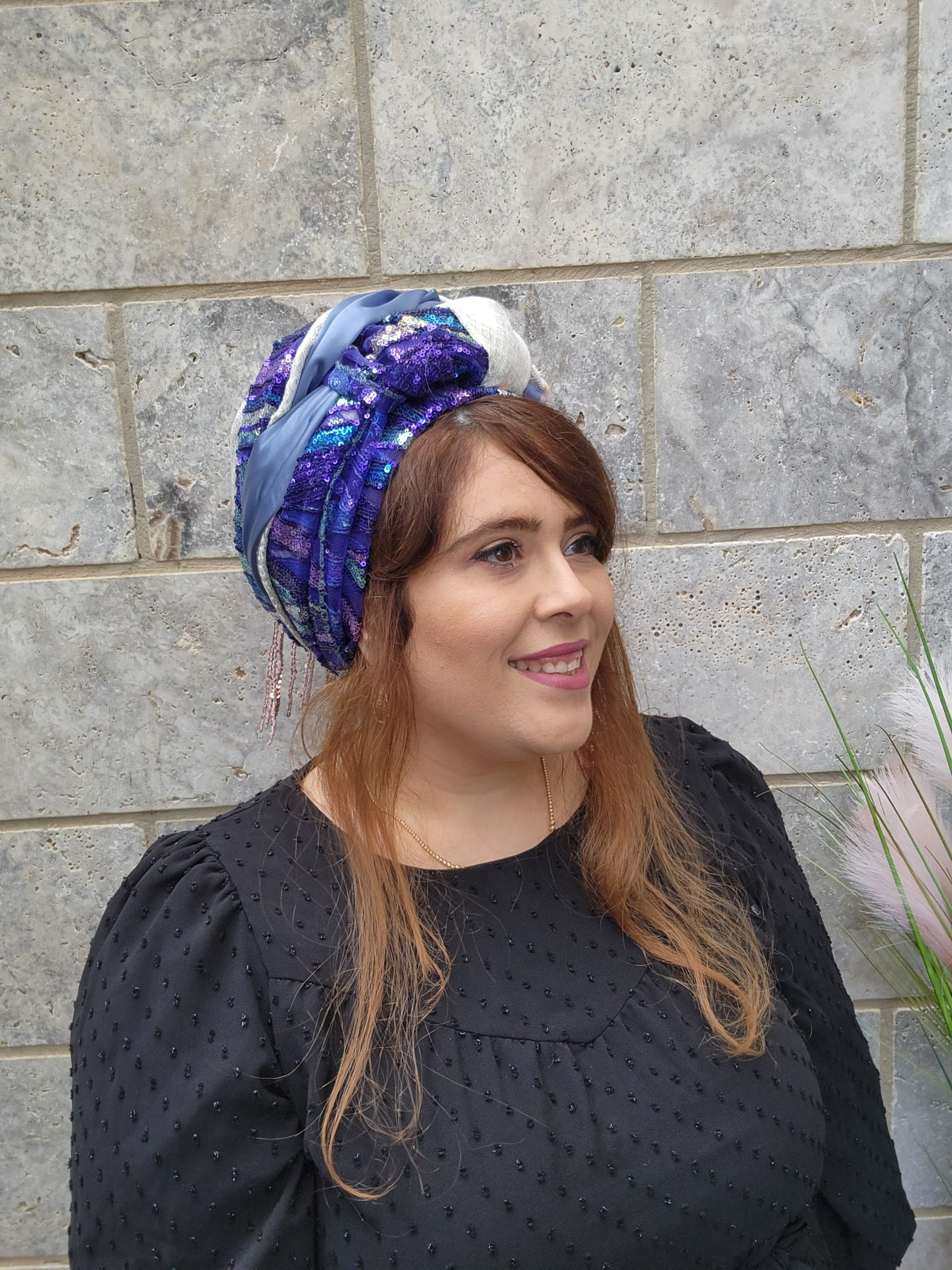 Headwrap Tichel With Blue and Purple Sequins Hair Snood Head Scarf ...