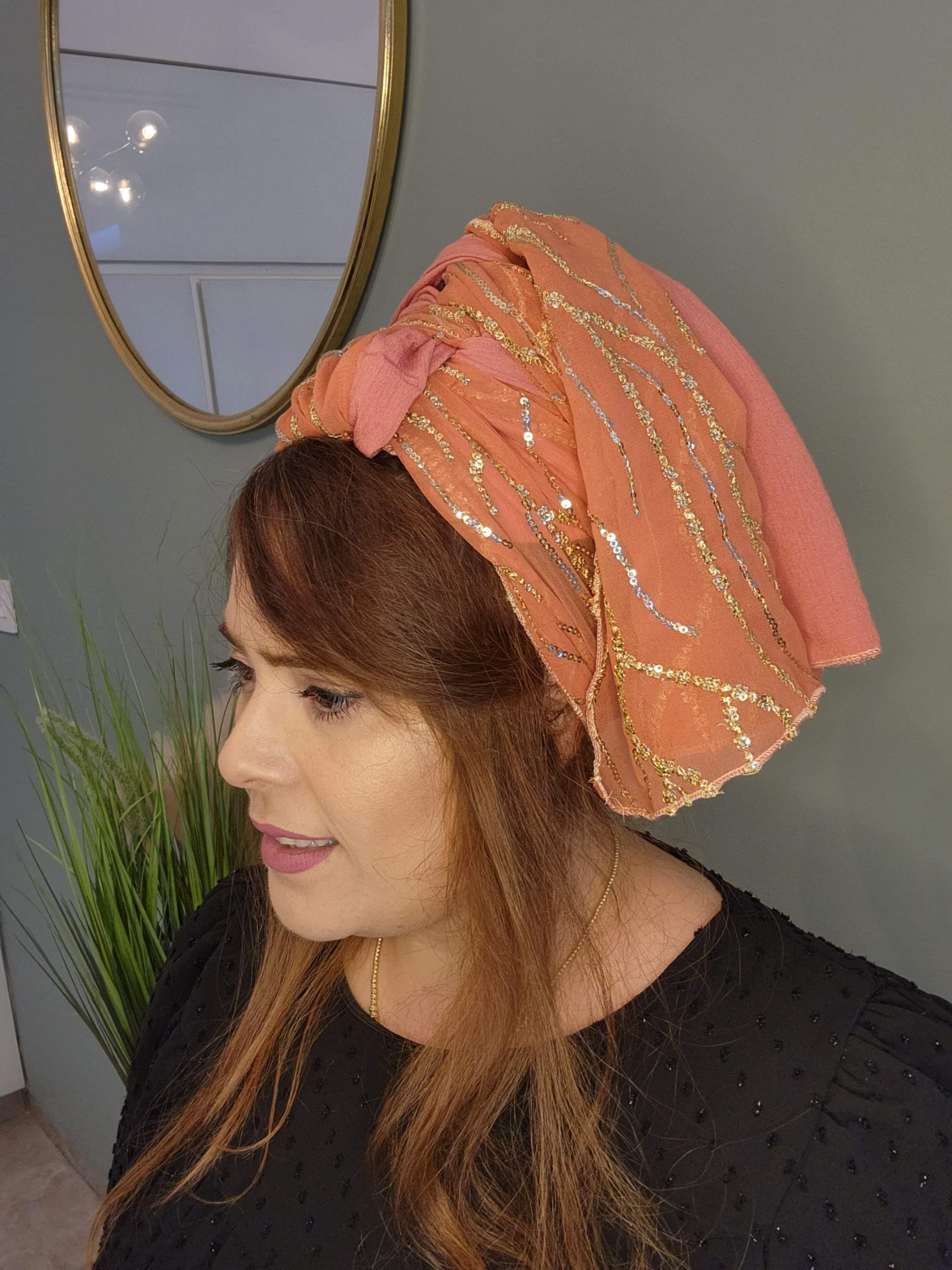 Headcover Tichel With Orange With Gold Sequins Hair Snood Head Scarf ...