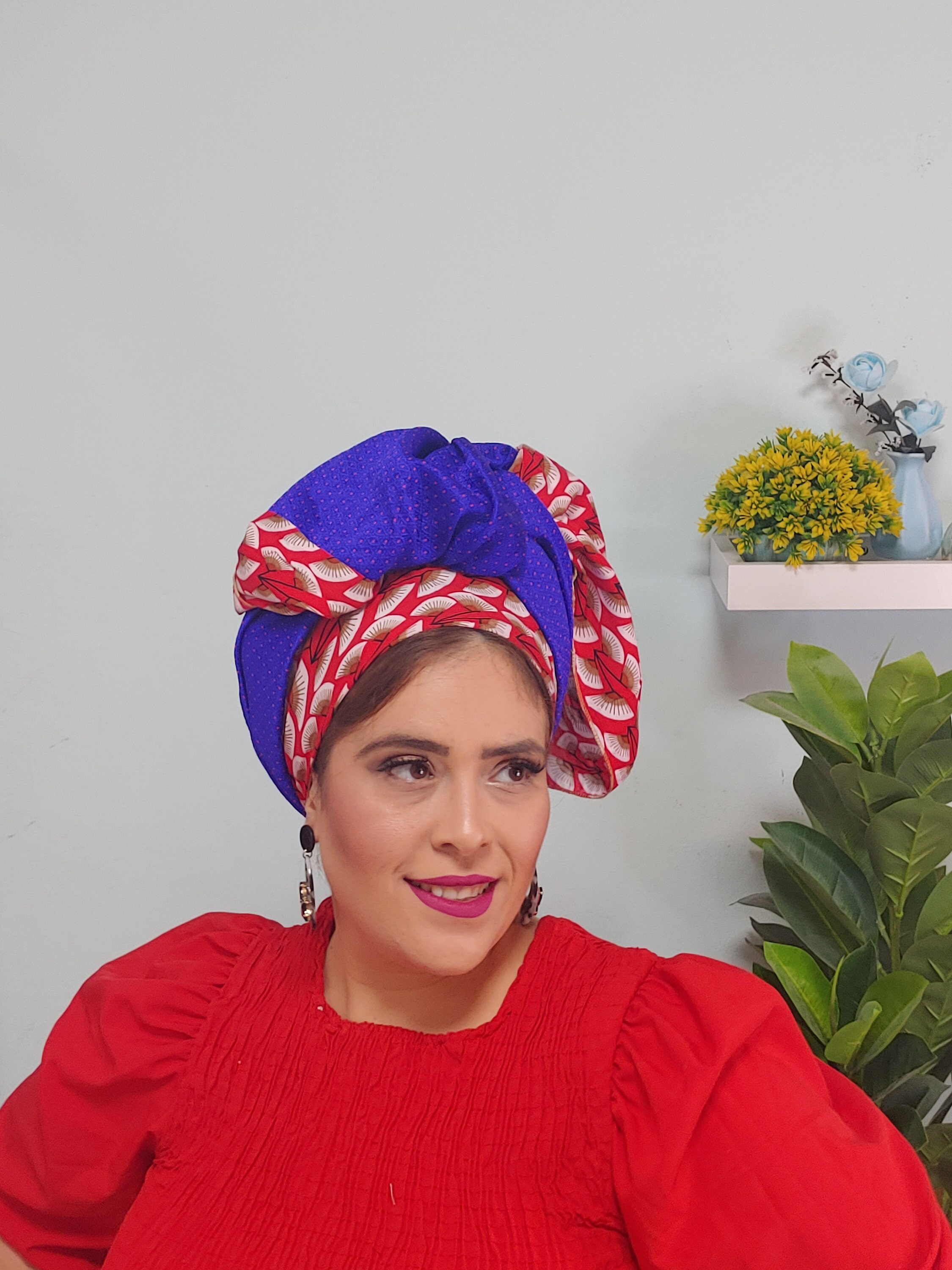 TICHEL HEAD BAND Blue Silk With Red Tichel Head Cover Scarf - Etsy