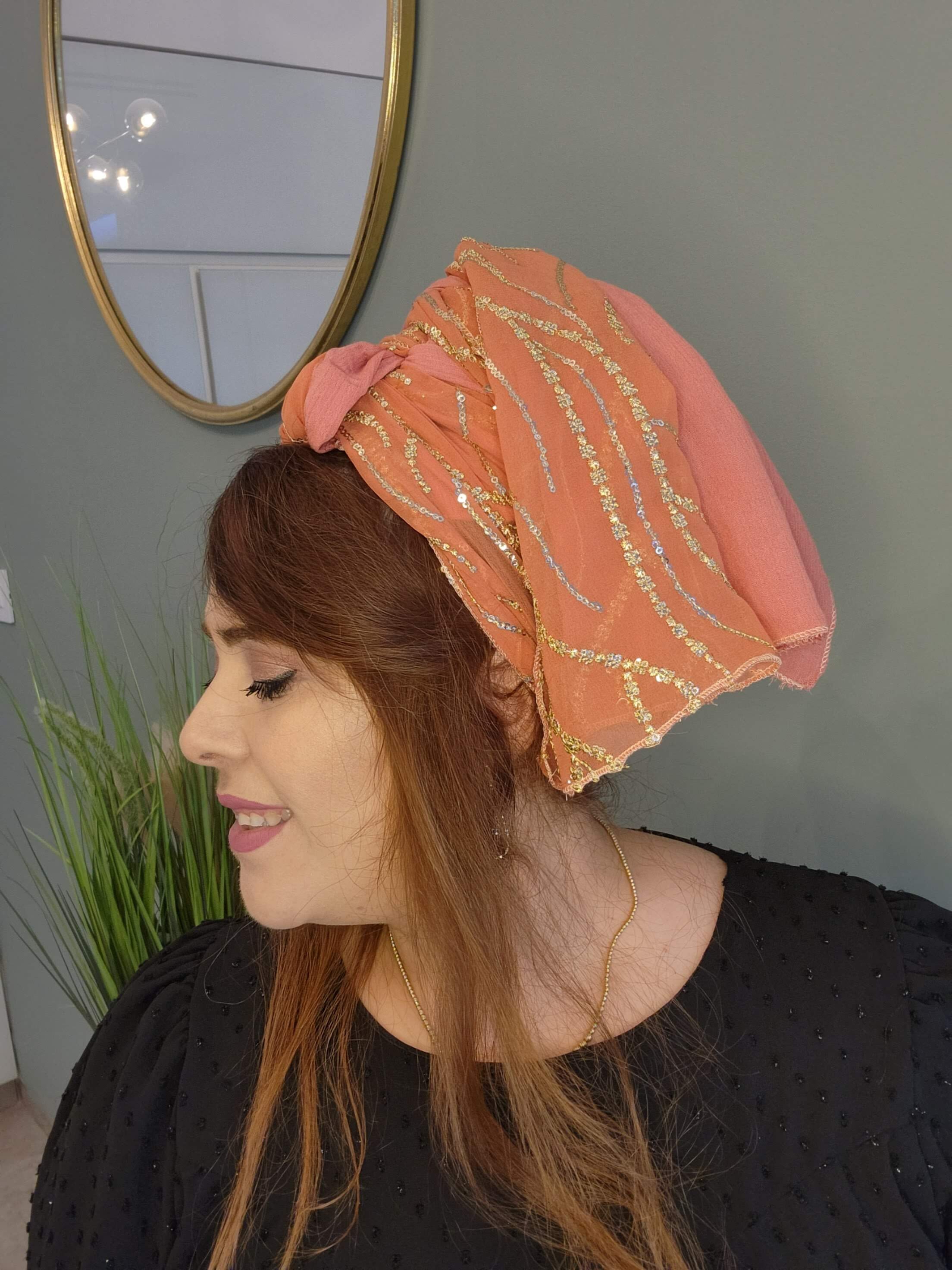 Headcover Tichel With Orange With Gold Sequins Hair Snood Head Scarf ...