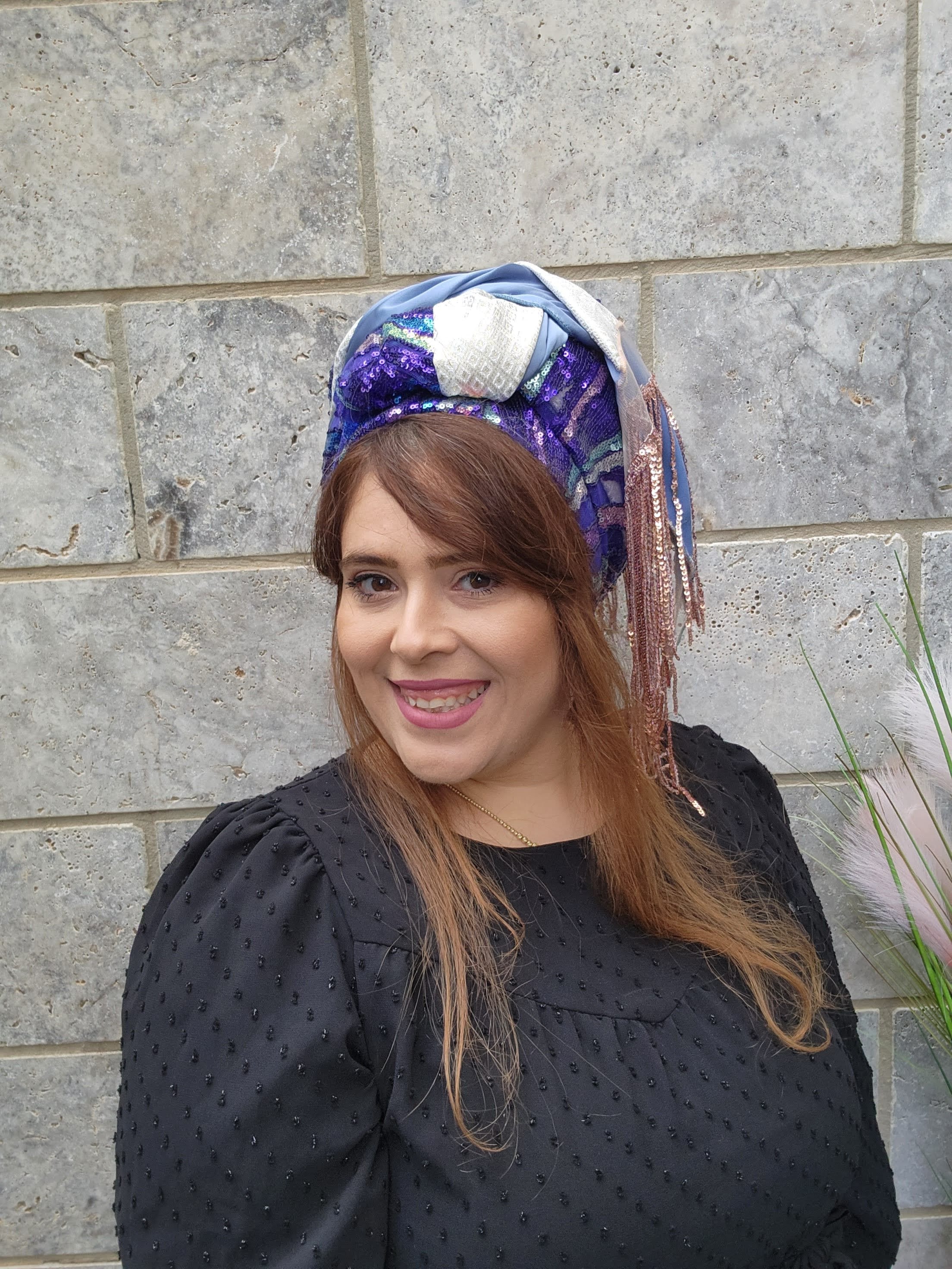 Headwrap Tichel With Blue and Purple Sequins Hair Snood Head Scarf ...