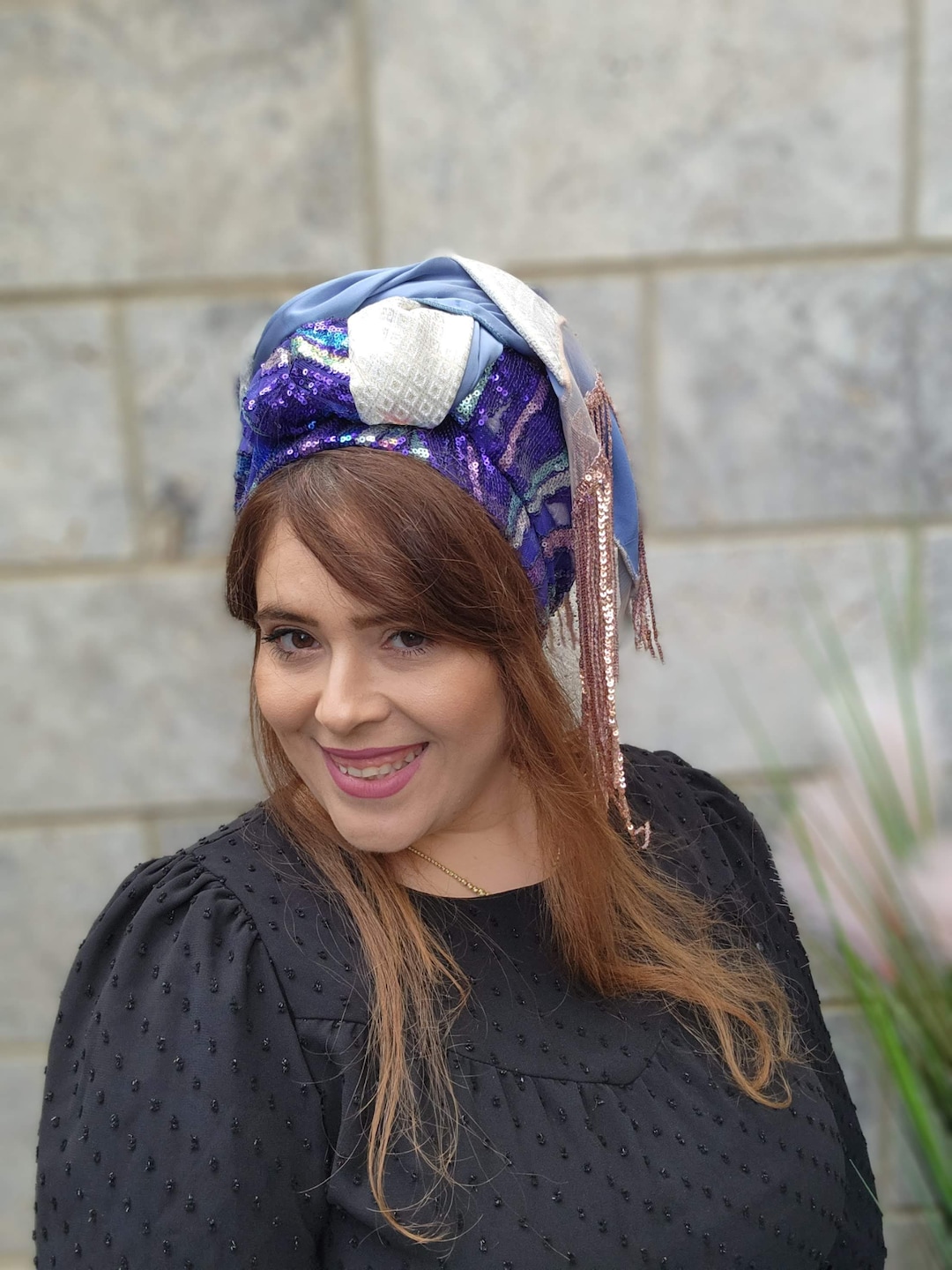 Headwrap Tichel With Blue and Purple Sequins Hair Snood Head Scarf ...
