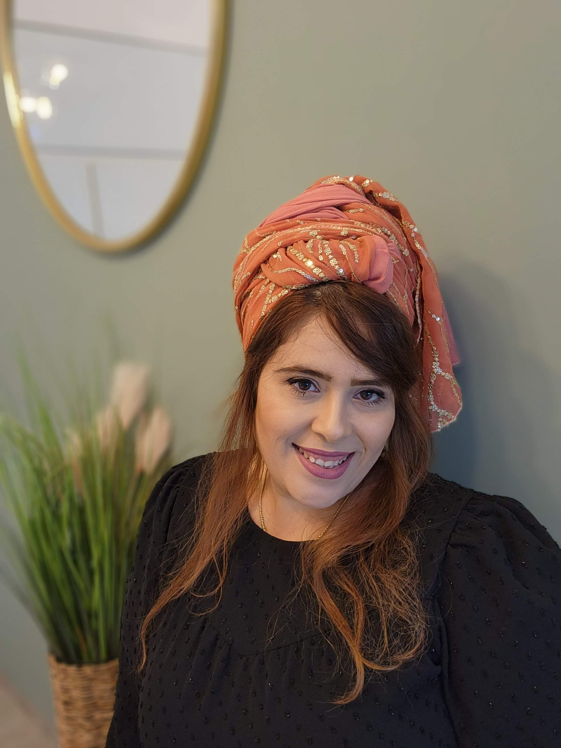 Headcover Tichel With Orange With Gold Sequins Hair Snood Head Scarf ...