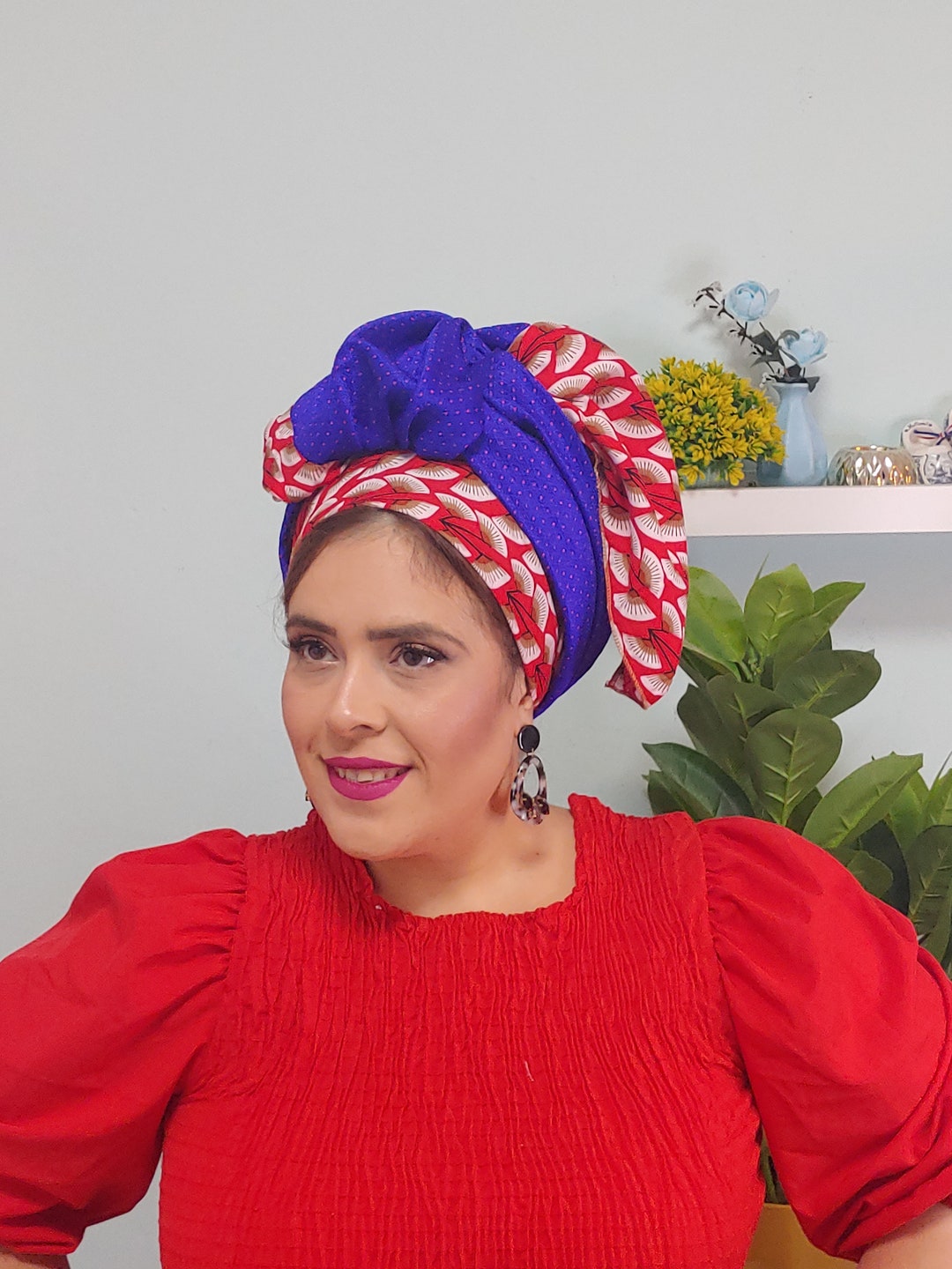 TICHEL HEAD BAND Blue Silk With Red Tichel Head Cover Scarf - Etsy