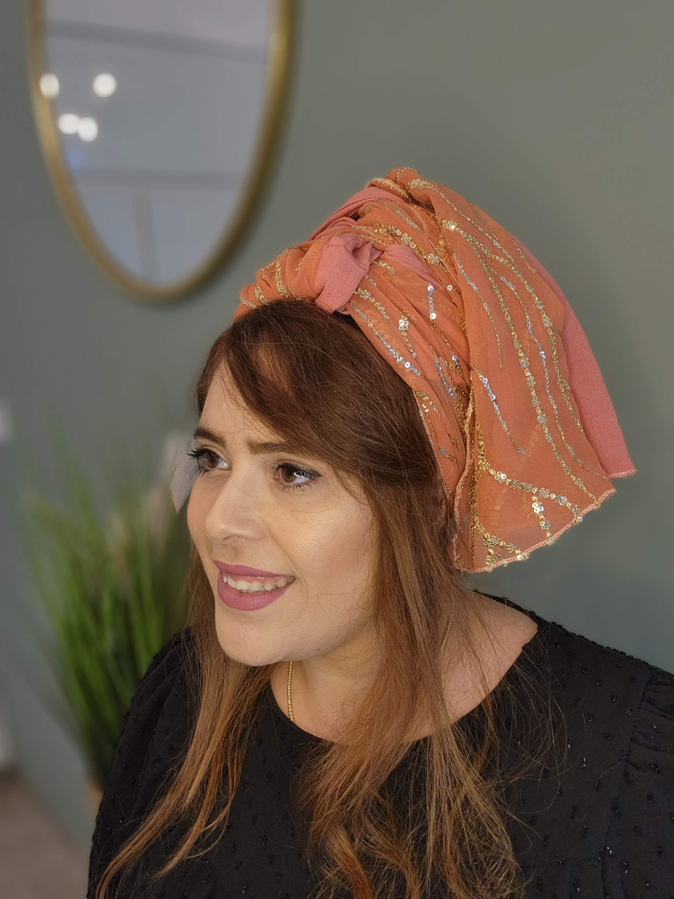 Headcover Tichel With Orange With Gold Sequins Hair Snood Head Scarf ...