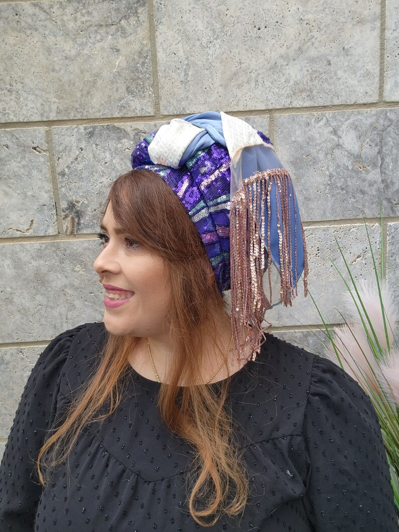 Headwrap Tichel With Blue and Purple Sequins Hair Snood Head Scarf ...