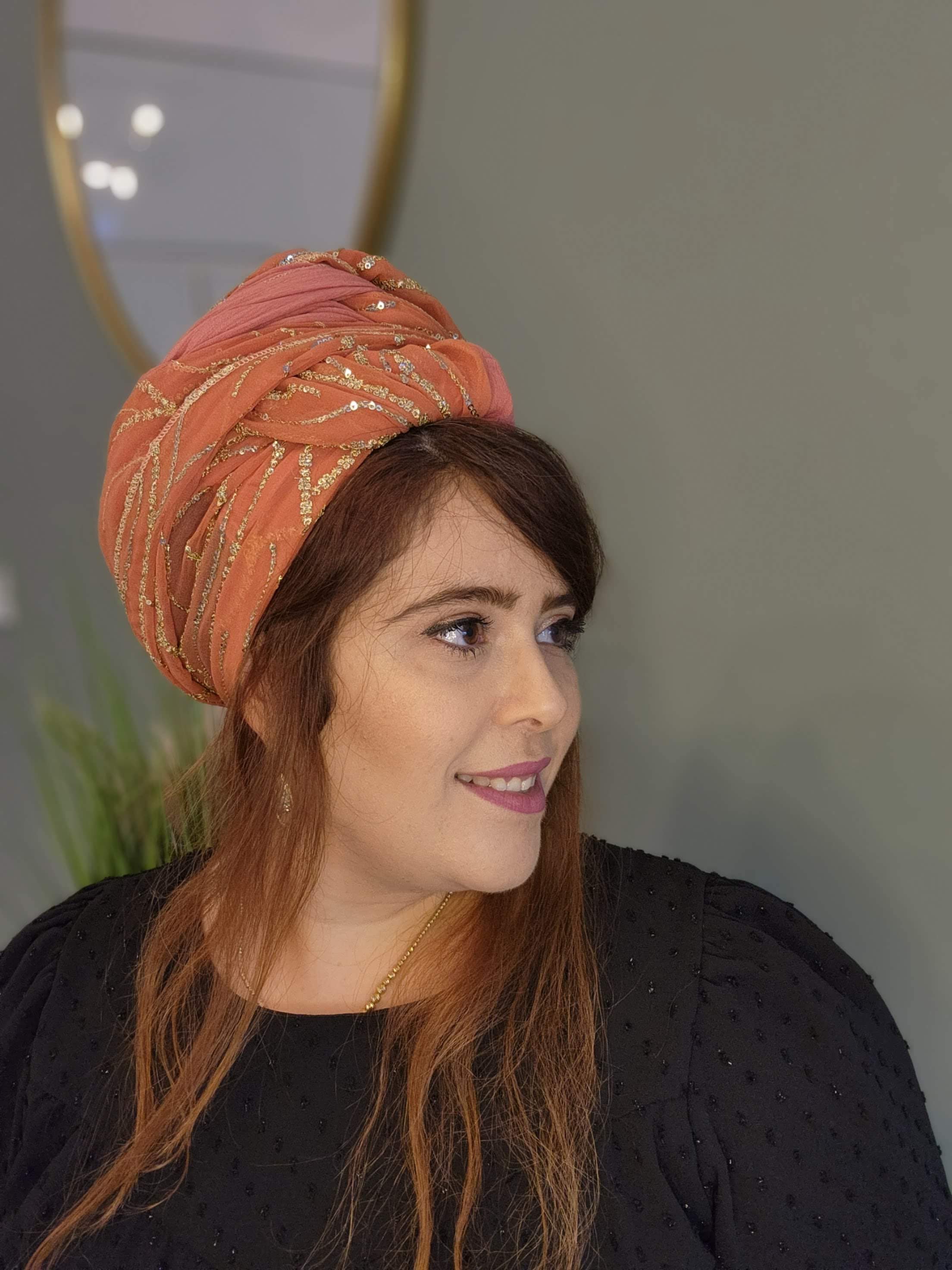 Headcover Tichel With Orange With Gold Sequins Hair Snood Head Scarf ...