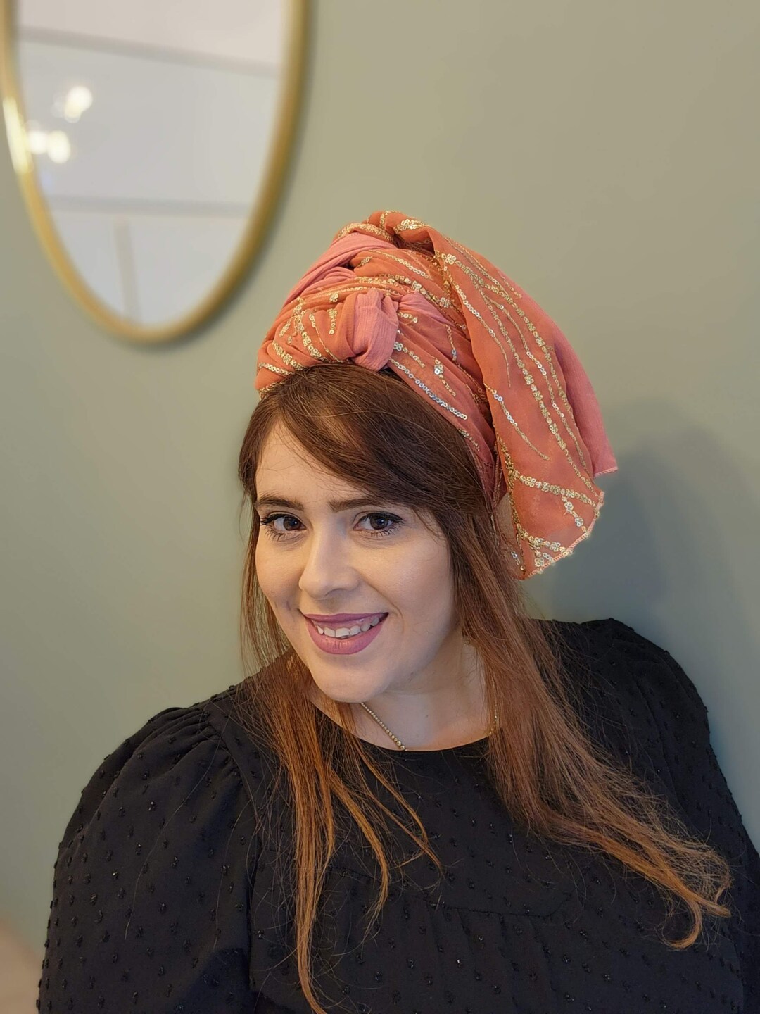 Headcover Tichel With Orange With Gold Sequins Hair Snood Head Scarf ...