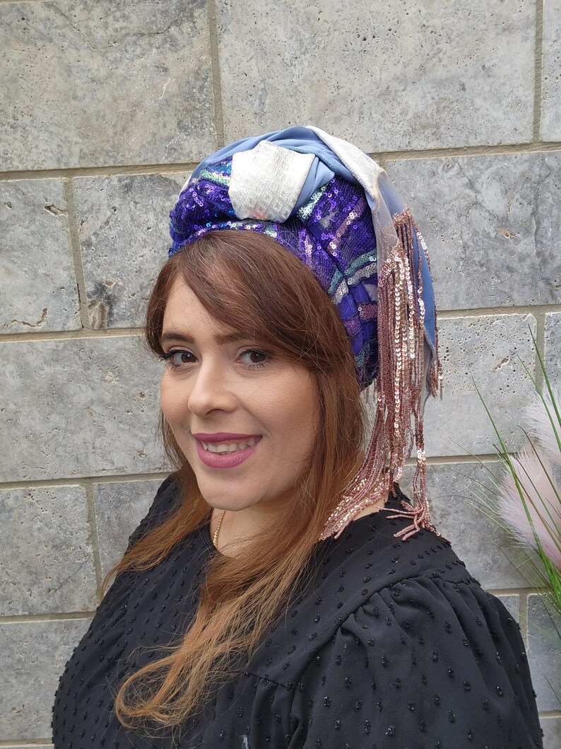 Headwrap Tichel With Blue and Purple Sequins Hair Snood Head Scarf ...
