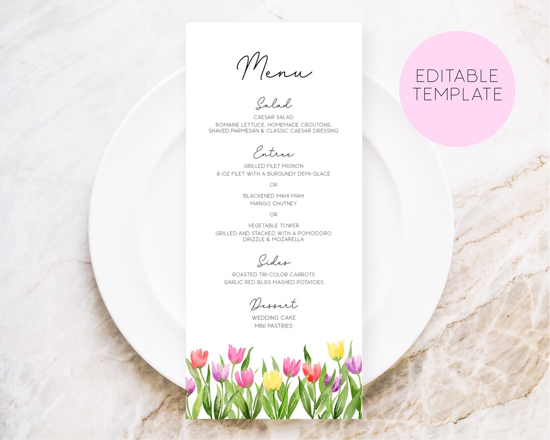 Tulip Wedding Menu, Floral Menu Template, Bright Floral Menu ...