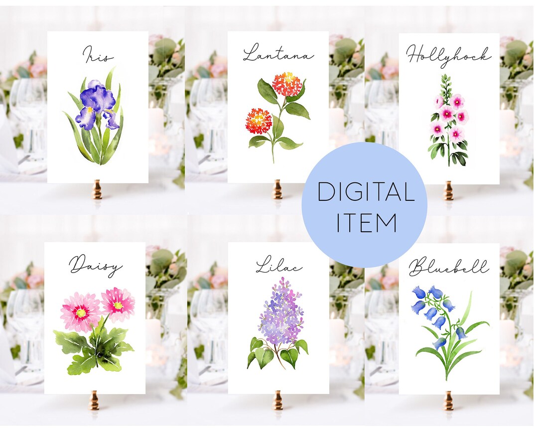 15 Printable Floral Table Cards, Printable Watercolor Flower Table Card ...