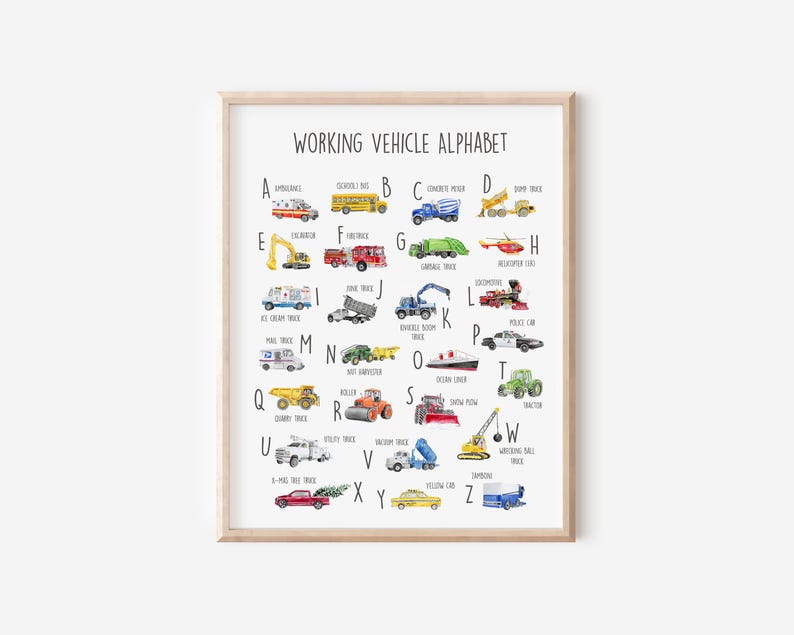 Working Vehicles Alphabet Print, on the Go Alphabet, Watercolor ...