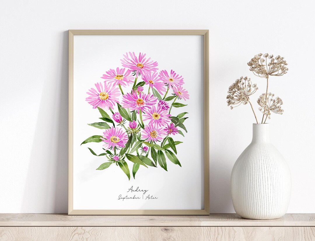 September Birth Flower Watercolor Print, Aster Painting, Personalized ...