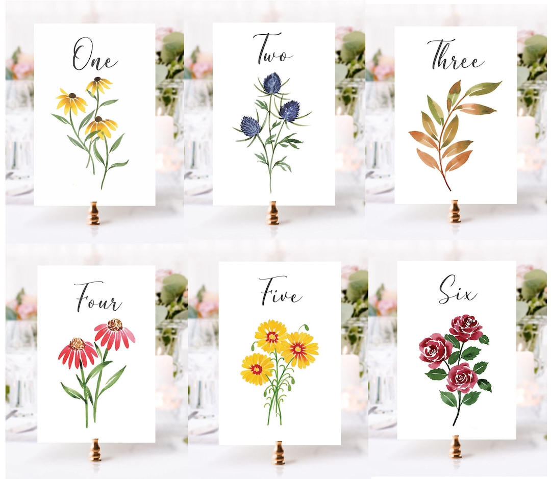 Watercolor Flower Table Numbers, Wildflower Table Numbers, Rustic ...