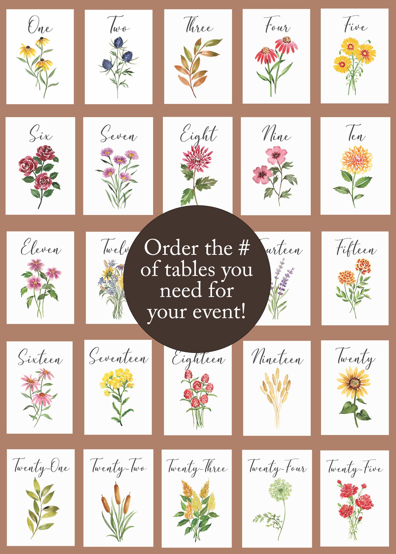Watercolor Flower Table Numbers, Wildflower Table Numbers, Rustic ...
