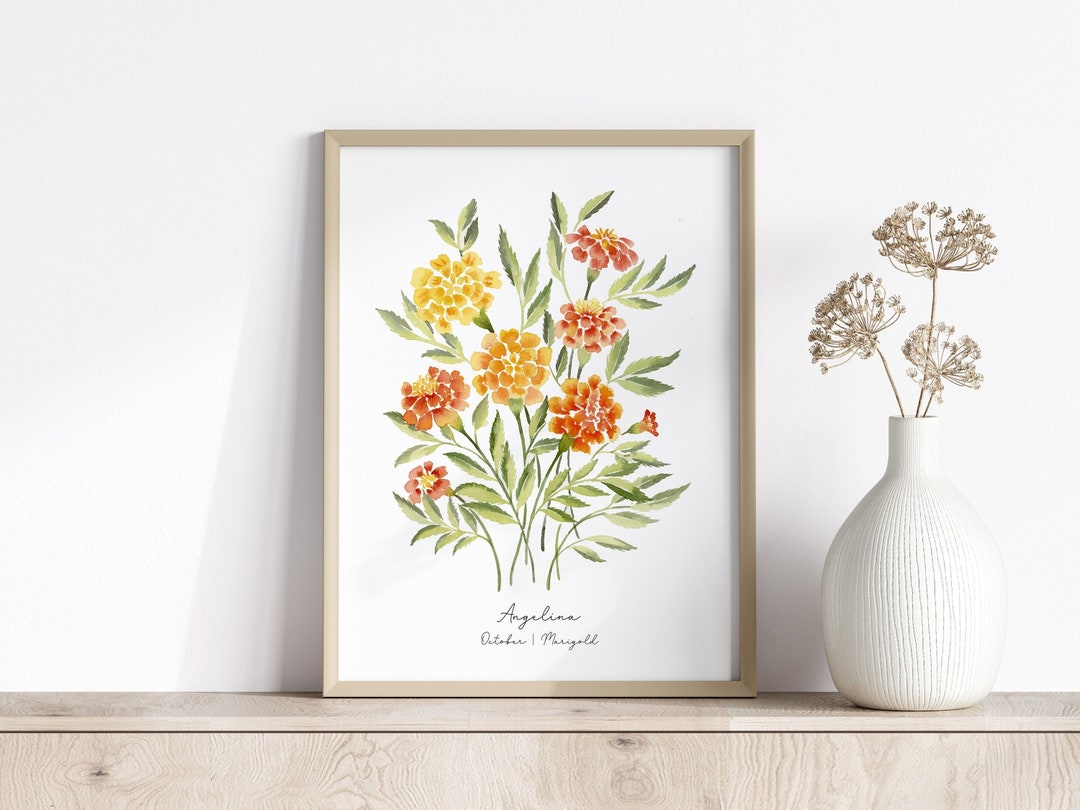 October Birth Flower Print, Marigold Birth Flower Print, Woodland ...