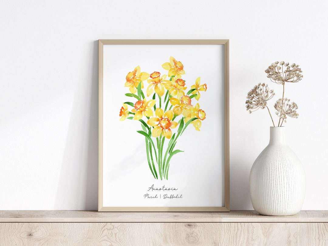 Personalized March Birth Flower Print, Watercolor Daffodil Painting ...