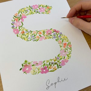 Floral Watercolor Letter, Custom Floral Watercolor Monogram Painting ...
